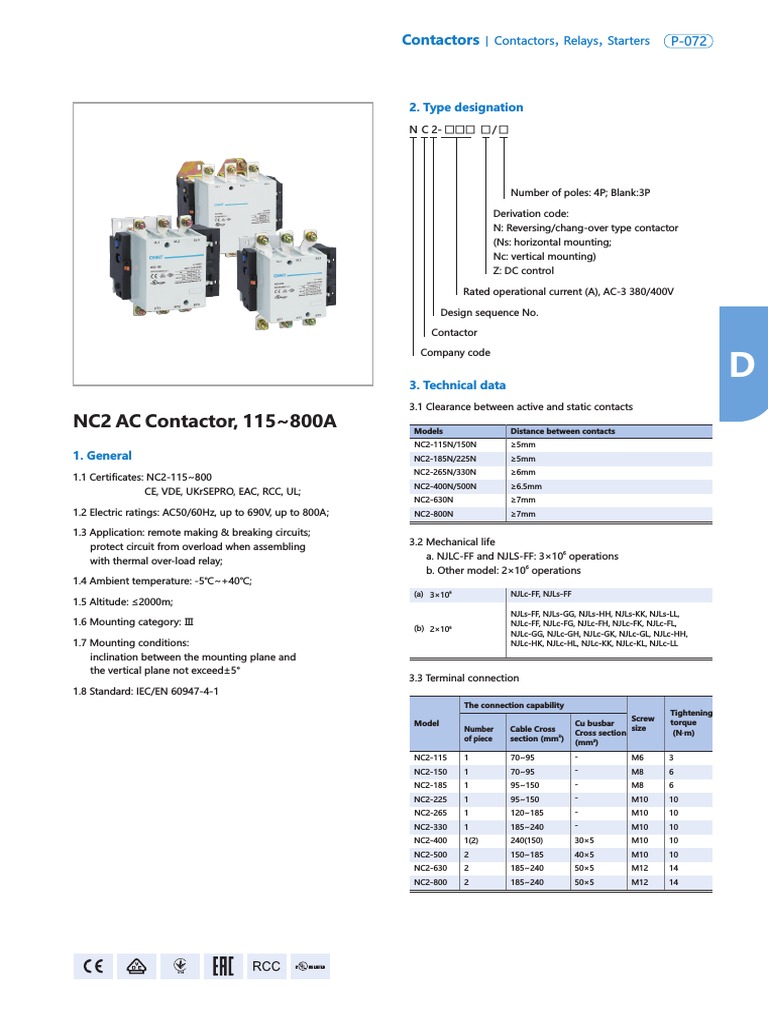 NC2 AC Contactor, 115~800A: Technical Specifications and Performance ...