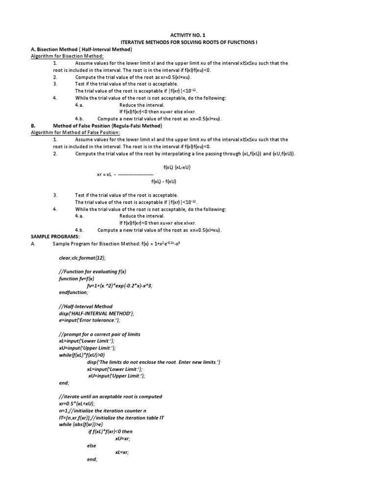 Activity No. 1 Iterative Methods For Solving Roots of Functions I A. Bisection Method (Half ...