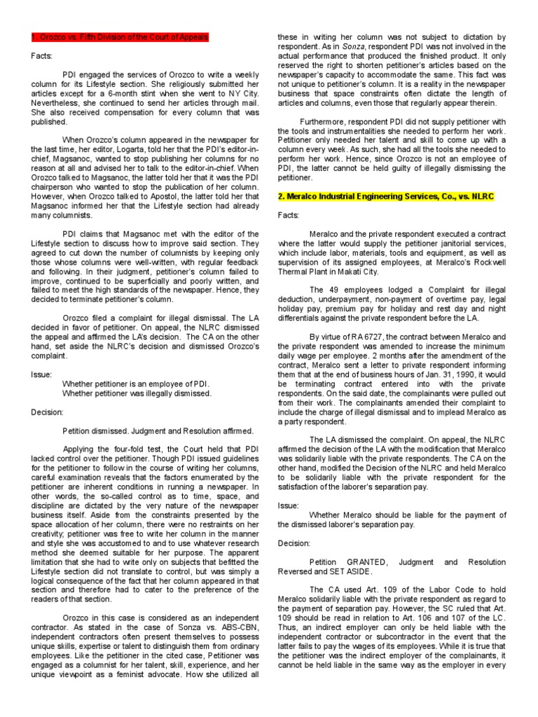 Labor Standards Case Digest | PDF | Independent Contractor | Employment