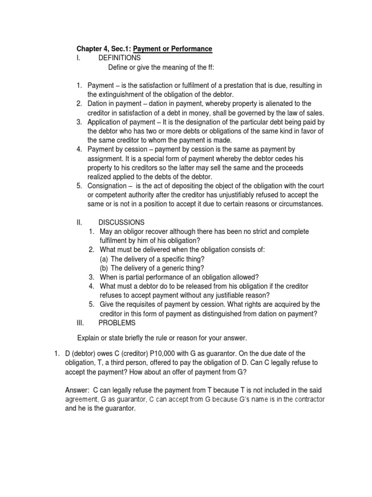 Chapter 4, Sec.1: Payment or Performance | PDF | Promissory Note | Payments