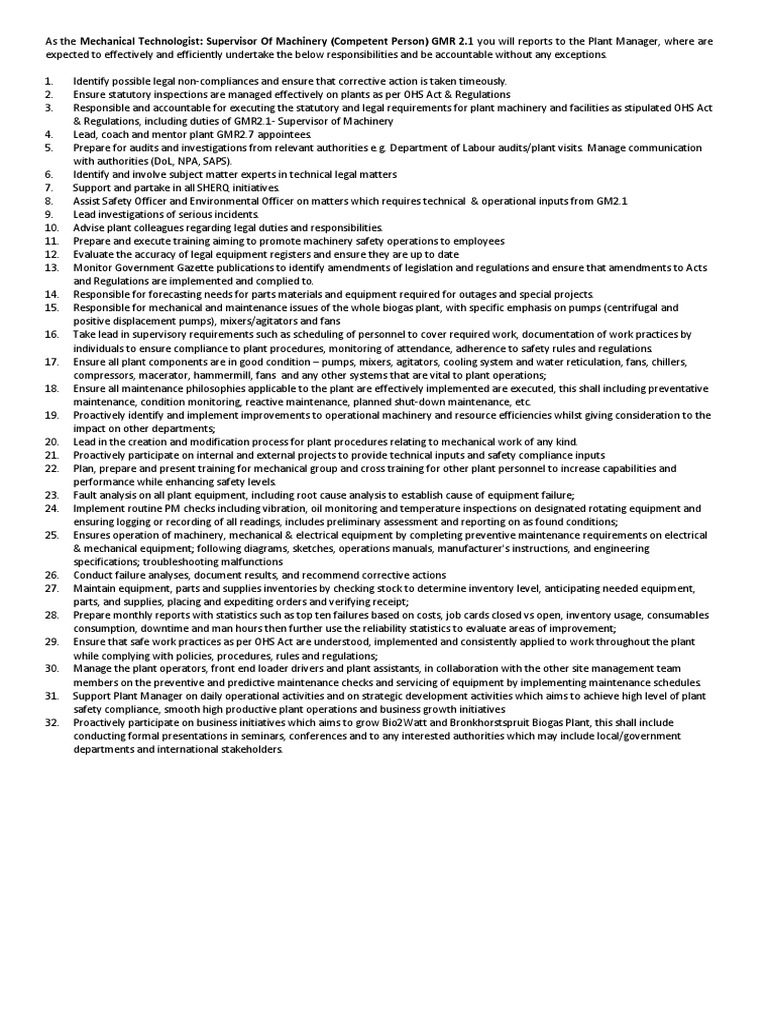 Mechanical Technologist: Supervisor of Machinery (Competent Person) GMR ...