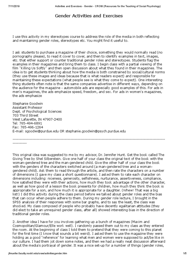 Activities and Exercises - Gender - CROW (Resources For The Teaching of ...