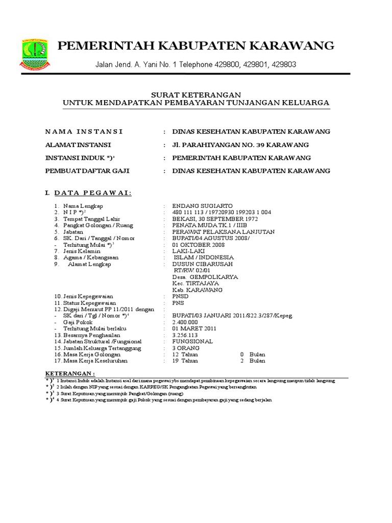 Surat Keterangan Tunjangan Keluarga PNS | PDF