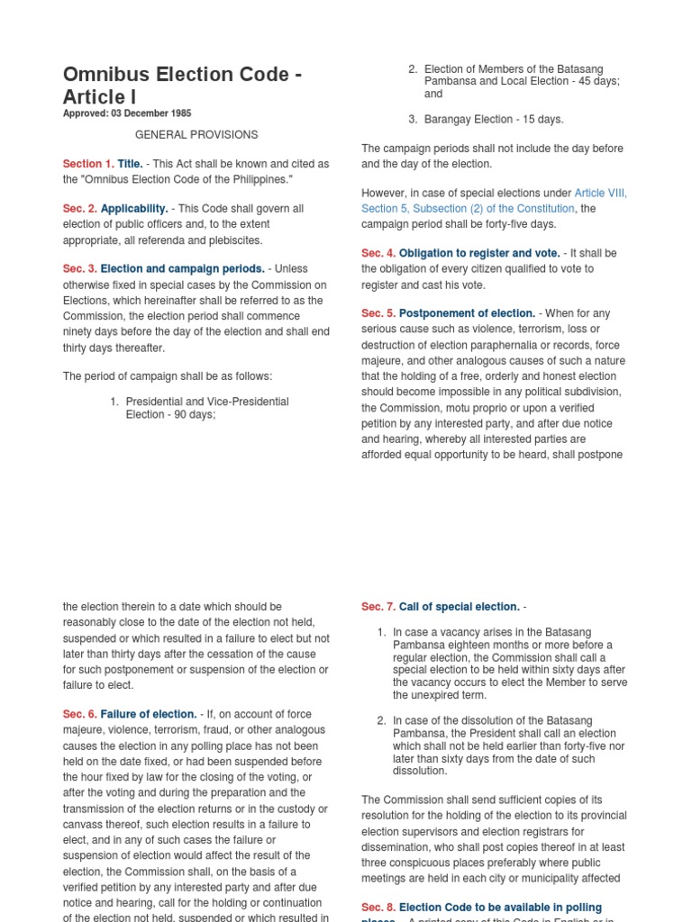 Omnibus Election Code | PDF | Polling Place | Elections