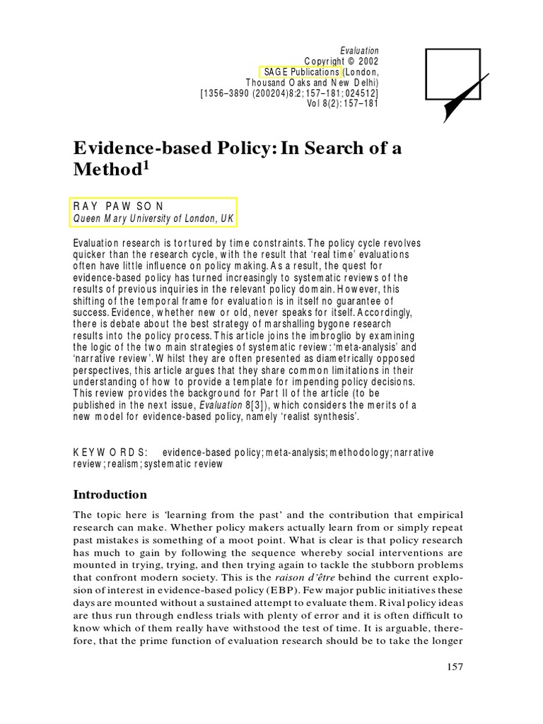 Evidence-Based Policy: in Search of A Method: Ray Pawson | PDF | Meta ...
