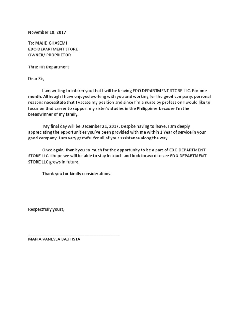 Resignation Letter 1 Month Notice Period | PDF