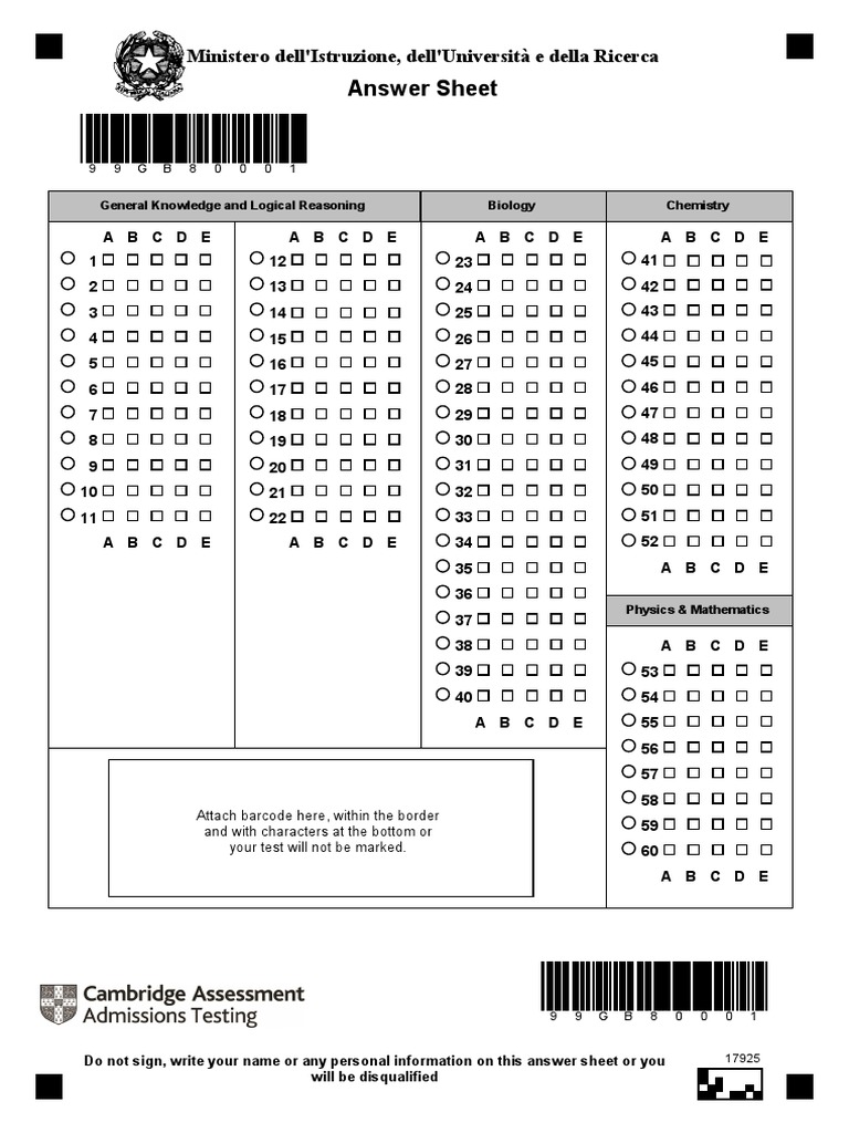 IMAT Answer Sheet Sample | PDF | Academic Discipline Interactions ...