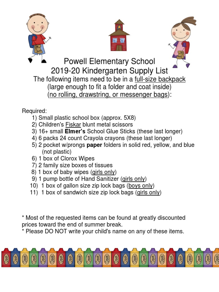 Kindergarten Supply List 2019-20 | PDF