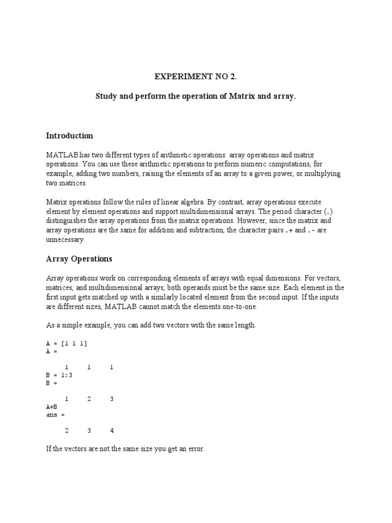 Experiment No 2. Study and Perform The Operation of Matrix and Array ...