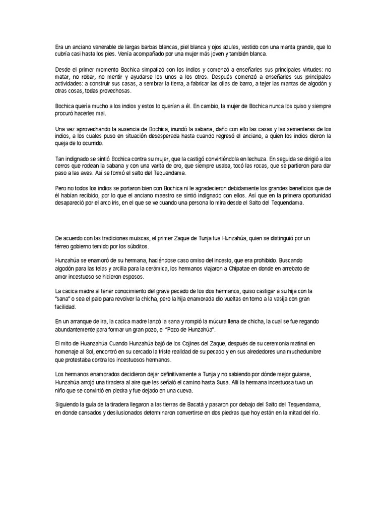 Mitos y leyendas muiscas: Bochica y Hunzahúa | PDF | Religión y creencia