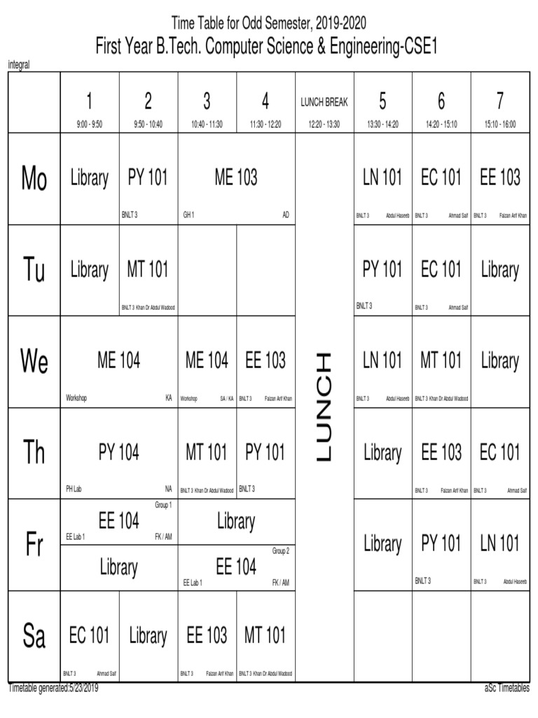Mo Tu We TH FR Sa: First Year B.Tech. Computer Science & Engineering ...