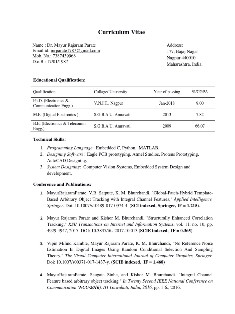 CV Mayur Parate | PDF | Internal Combustion Engine | Surveillance