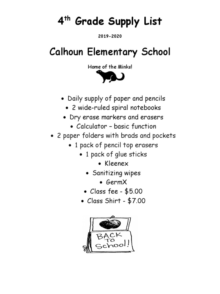 4 Grade Supply List: Calhoun Elementary School | PDF