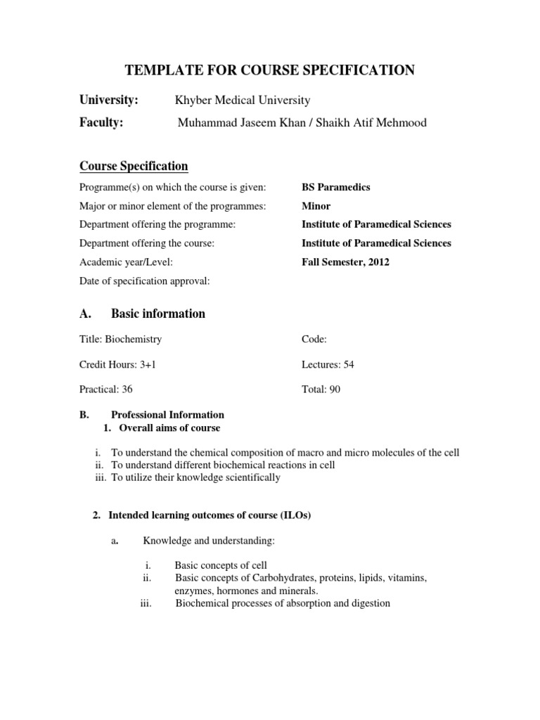 Course Specification Form-Biochem-1st Sem | PDF | Digestion | Adenosine ...