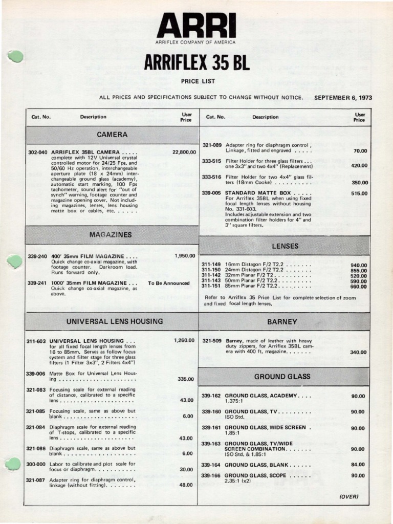 Arriflex 35BL Camera Price List | PDF | Camera Lens | Camera