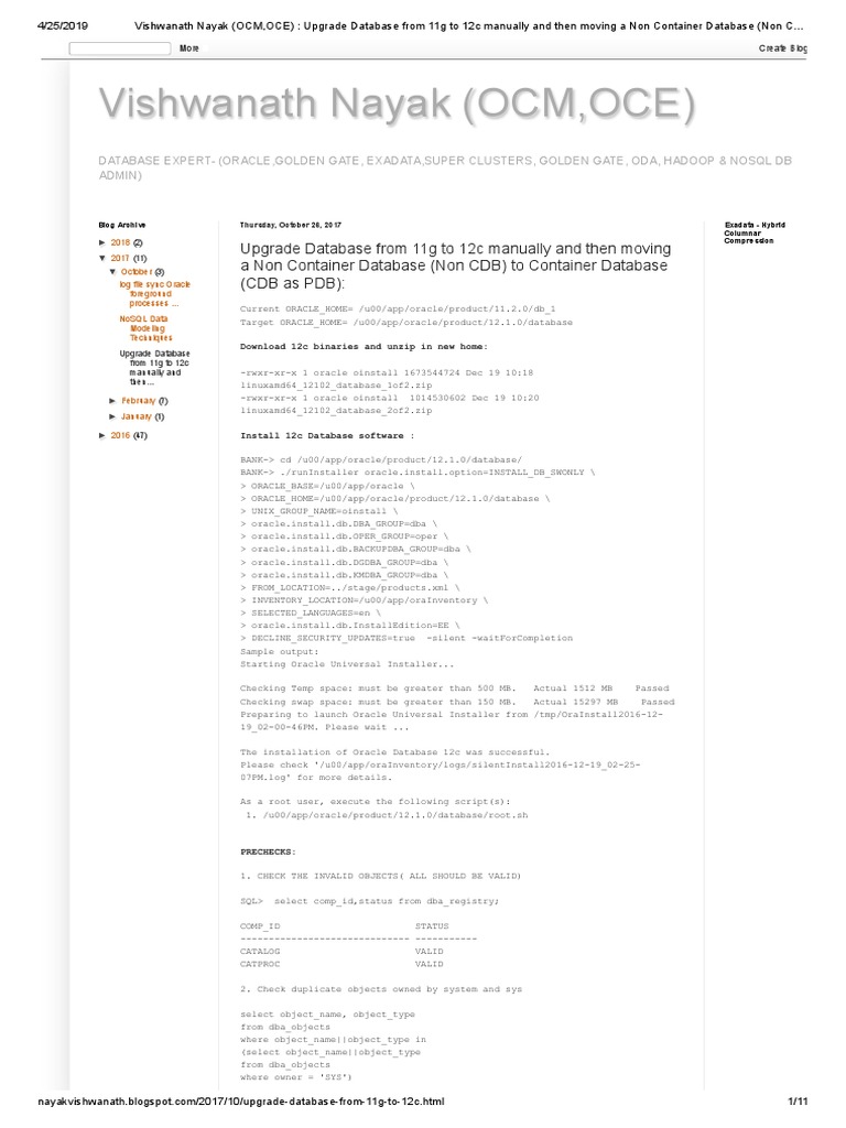 11g To 12c Upgrade | PDF | Oracle Database | Sql