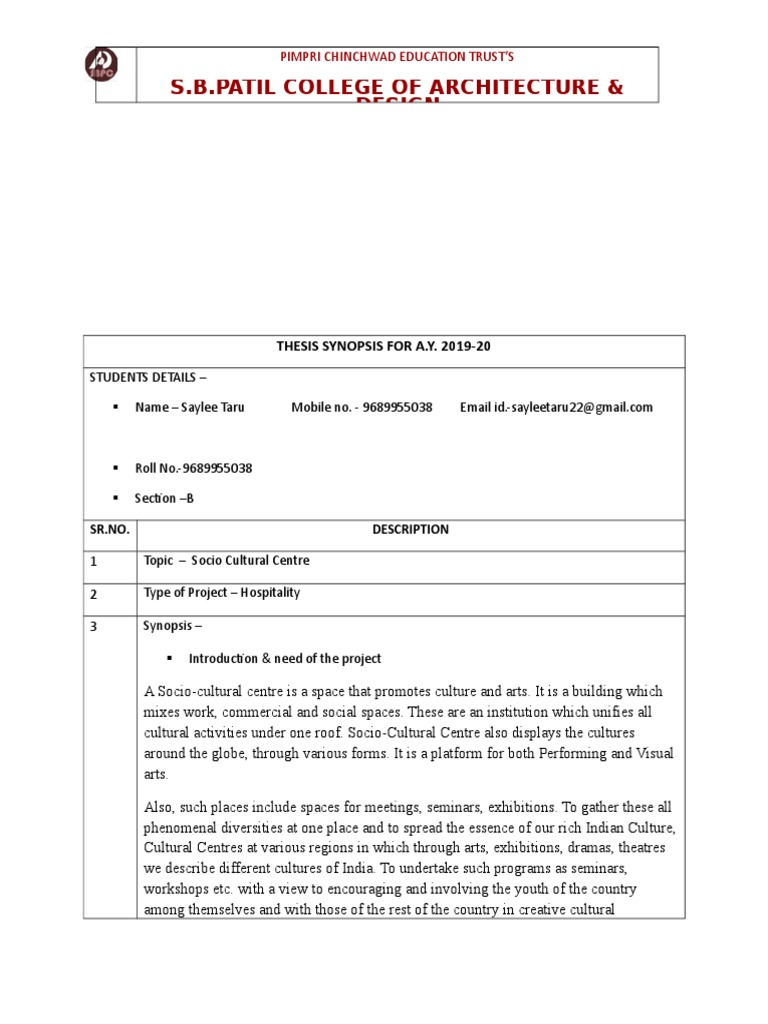 S.B.Patil College of Architecture & Design: Thesis Synopsis For A.Y ...