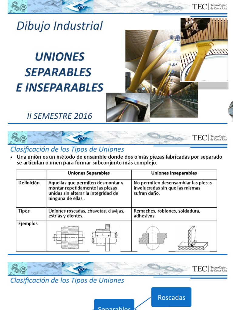 Tipos de Uniones en Dibujo Industrial | PDF | Tornillo | Soldadura