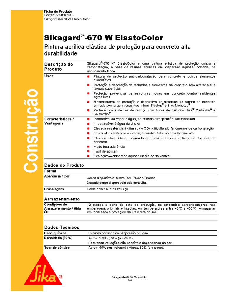 Sikagard 670 W Elastocolor | PDF | Argamassa (alvenaria) | Embalagem e ...