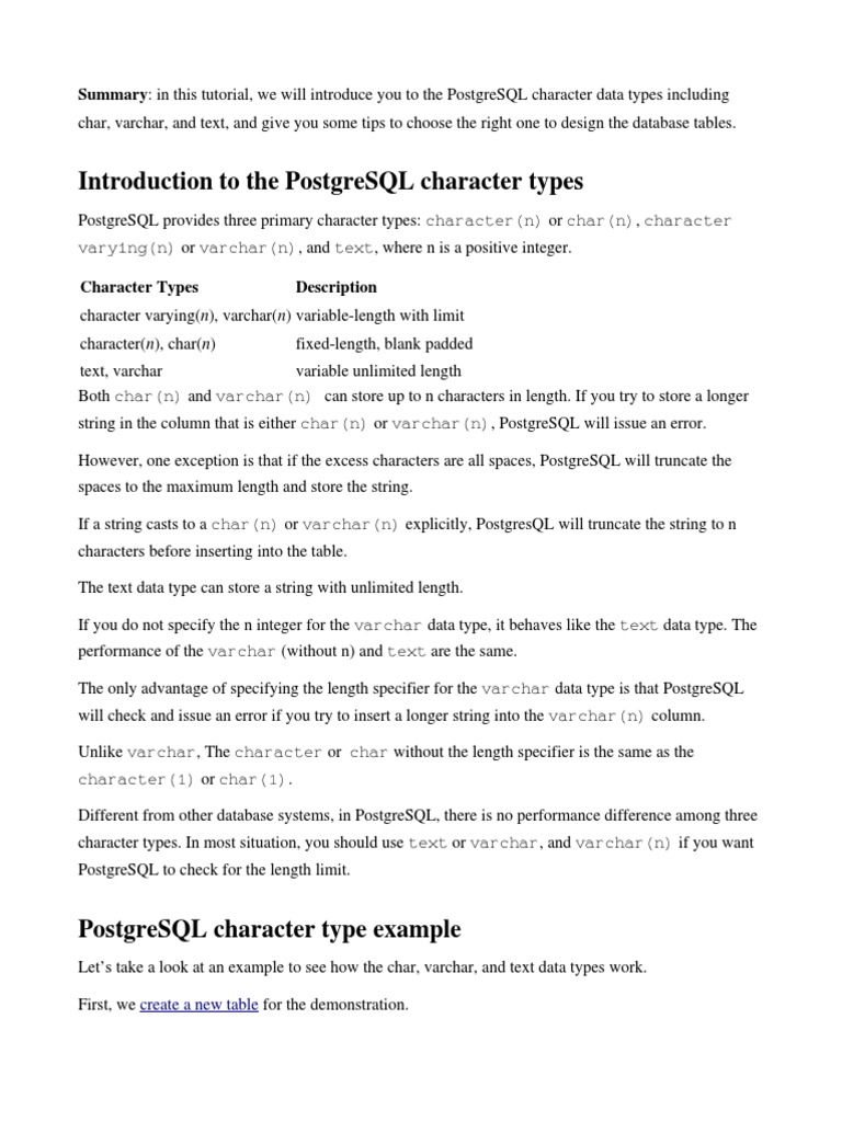 PostgreSQL Character Types Guide | PDF | Postgre Sql | Databases