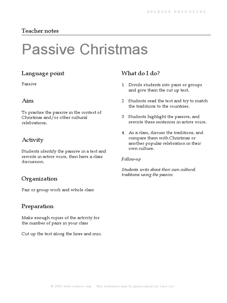 Passive Christmas: Teacher Notes | PDF | Christmas | Observances