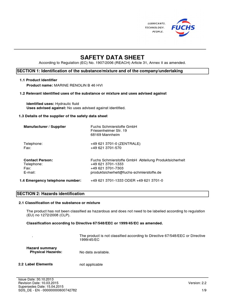 Renolin 46 Hvi MSDS | PDF | Toxicity | Dangerous Goods