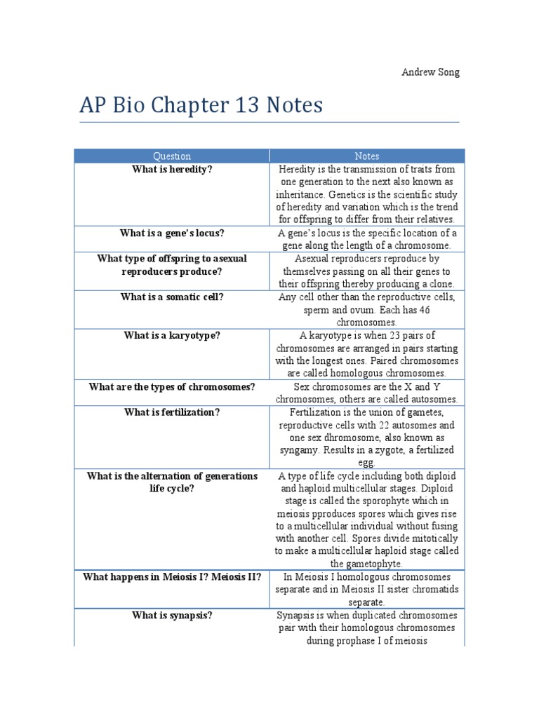 AP Bio Chapter 13 Notes | PDF | Meiosis | Chromosome