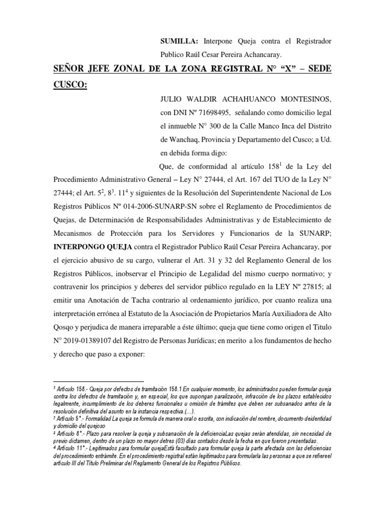 Queja - Sunarp | PDF | Ciencias Políticas | Justicia