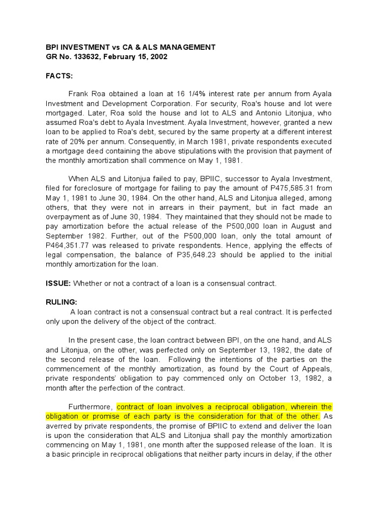 Bpi Investment Vs CA & Als Management | PDF | Loans | Mortgage Loan