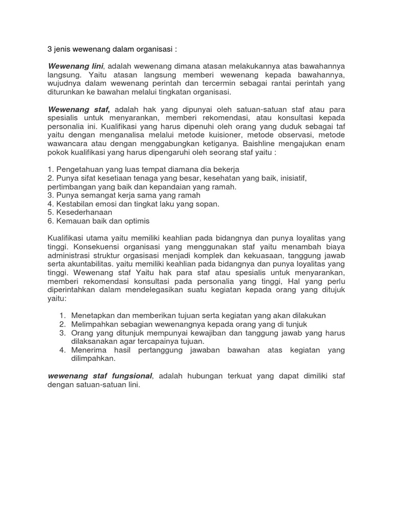 3 Jenis Wewenang Dalam Organisasi | PDF