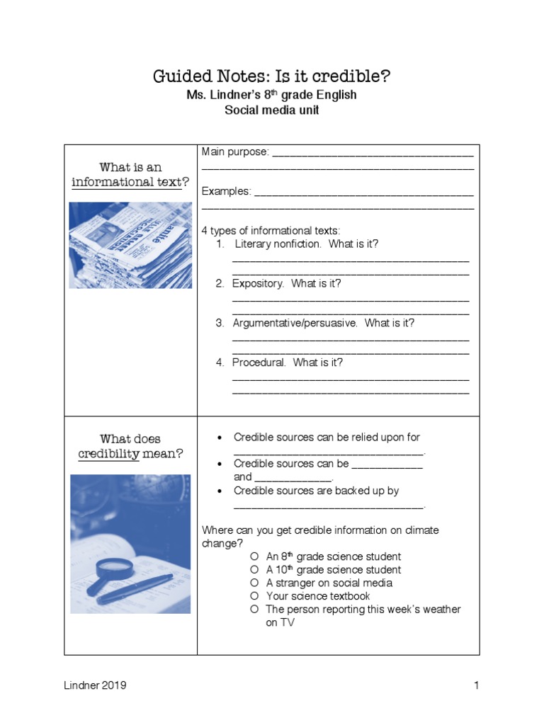 Guided Notes: Is It Credible?: Ms. Lindner's 8 Grade English Social ...
