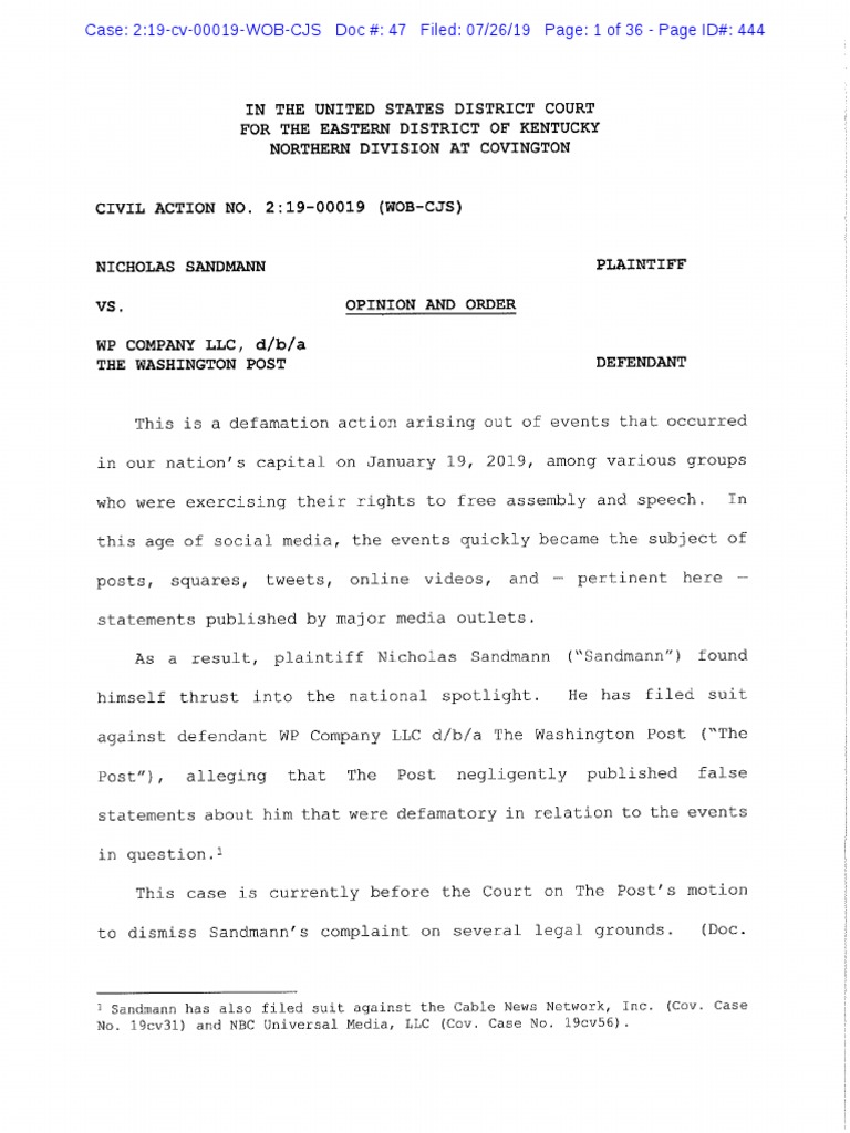 Judge William Bertelsman Dismisses Sandmann's WaPo Suit | PDF ...
