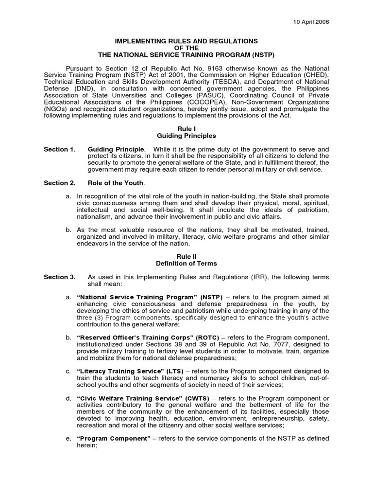 01 NSTP IRR RA 9163 June 2008 | PDF | Reserve Officers' Training Corps ...