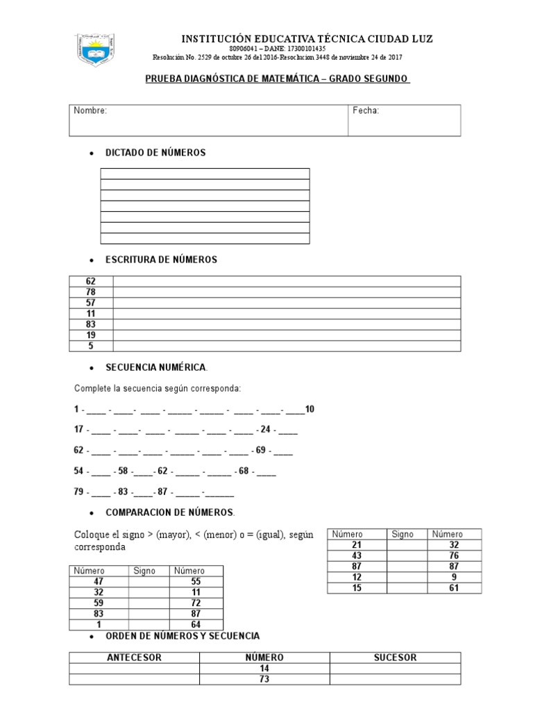 Prueba Diagnóstica de Matemática 2° Grado | PDF | Sustracción | Información