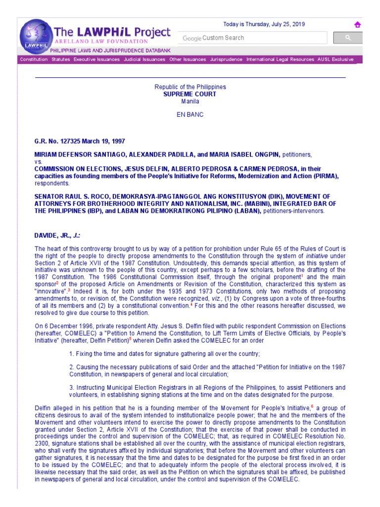 Santiago vs. Comelec, 270 Scra 106 | PDF | Initiative | Constitutional ...