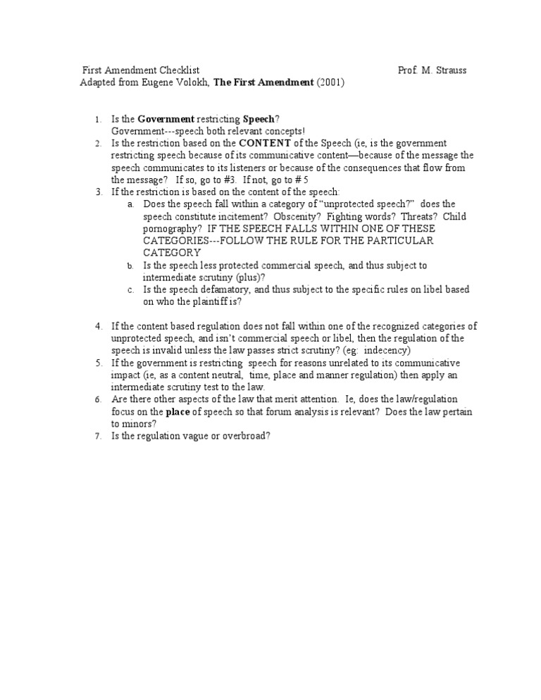 Con Law First Amendment Checklist | PDF | Intermediate Scrutiny | First ...