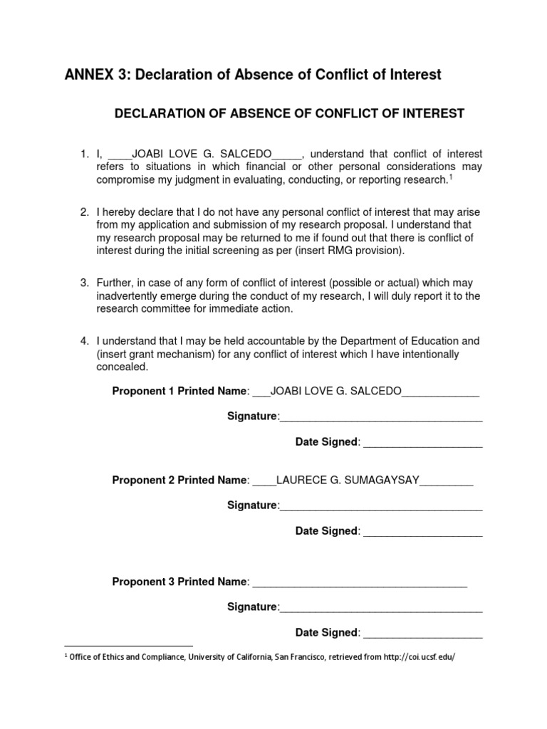 ANNEX 3: Declaration of Absence of Conflict of Interest