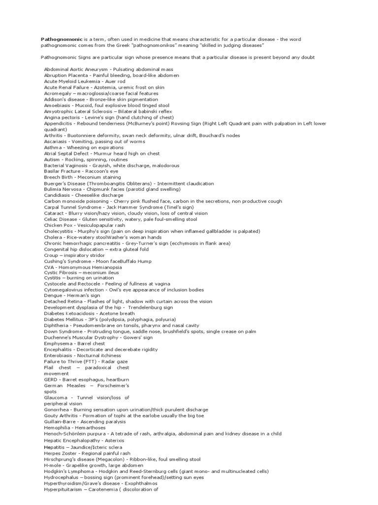 A Comprehensive List of Pathognomonic Signs for Common Medical ...