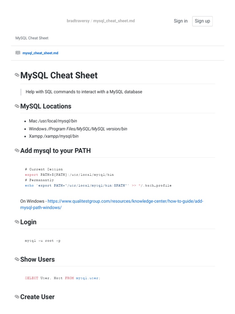 MySQL Cheat Sheet GitHub | PDF | Database Index | Databases