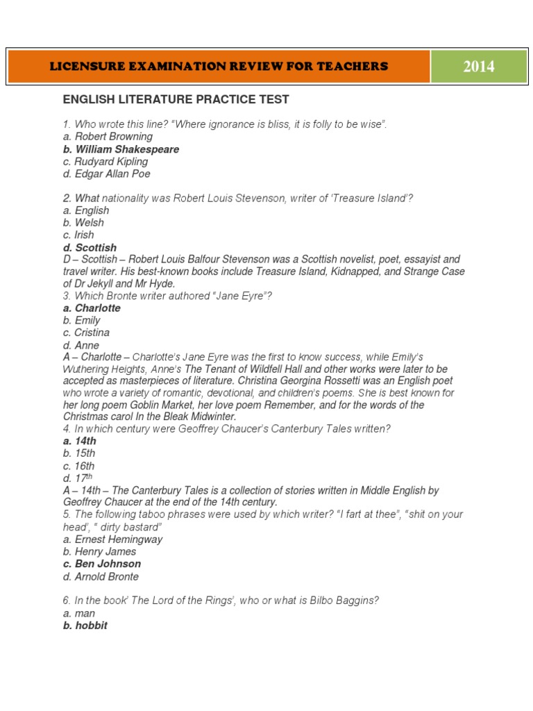 Licensure Examination Review For Teachers: English Literature Practice ...
