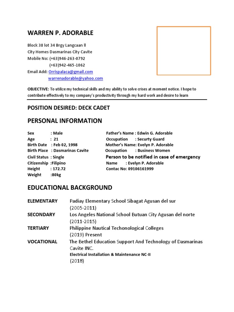 Warren P. Adorable: Position Desired: Deck Cadet | PDF