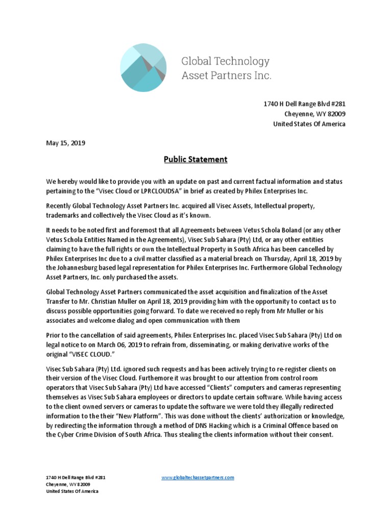 Public Statement - Global Technology Asset Partners | PDF | Application ...