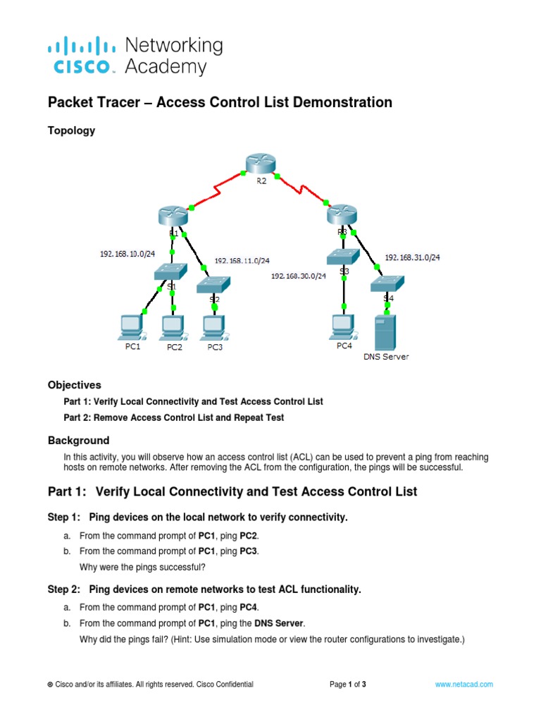 5.2.2.4 Packet Tracer - ACL Demonstration | PDF | Internet Protocols | Router (Computing)