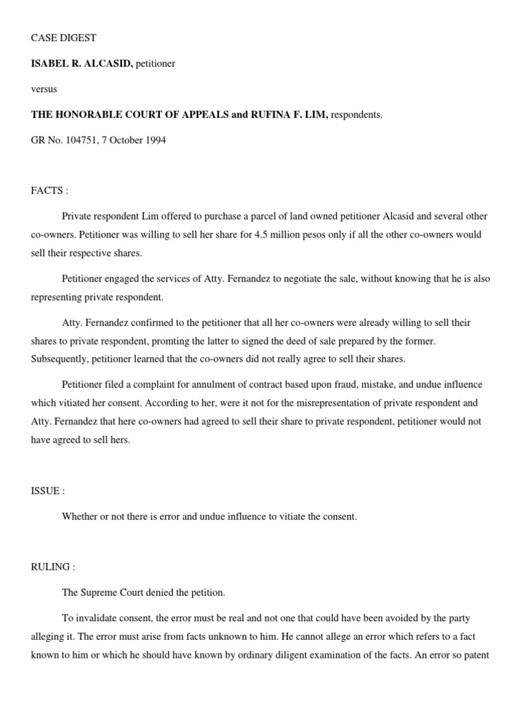 Case Digest Oblicon - Alcasid Vs CA - Voidable Contracts Ground Undue Influence | PDF ...