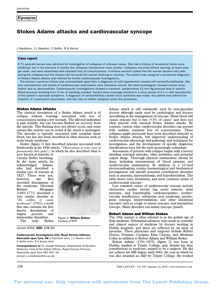 Stokes Adams Attacks and Cardiovascular Syncope: Eponym | PDF | Blood ...