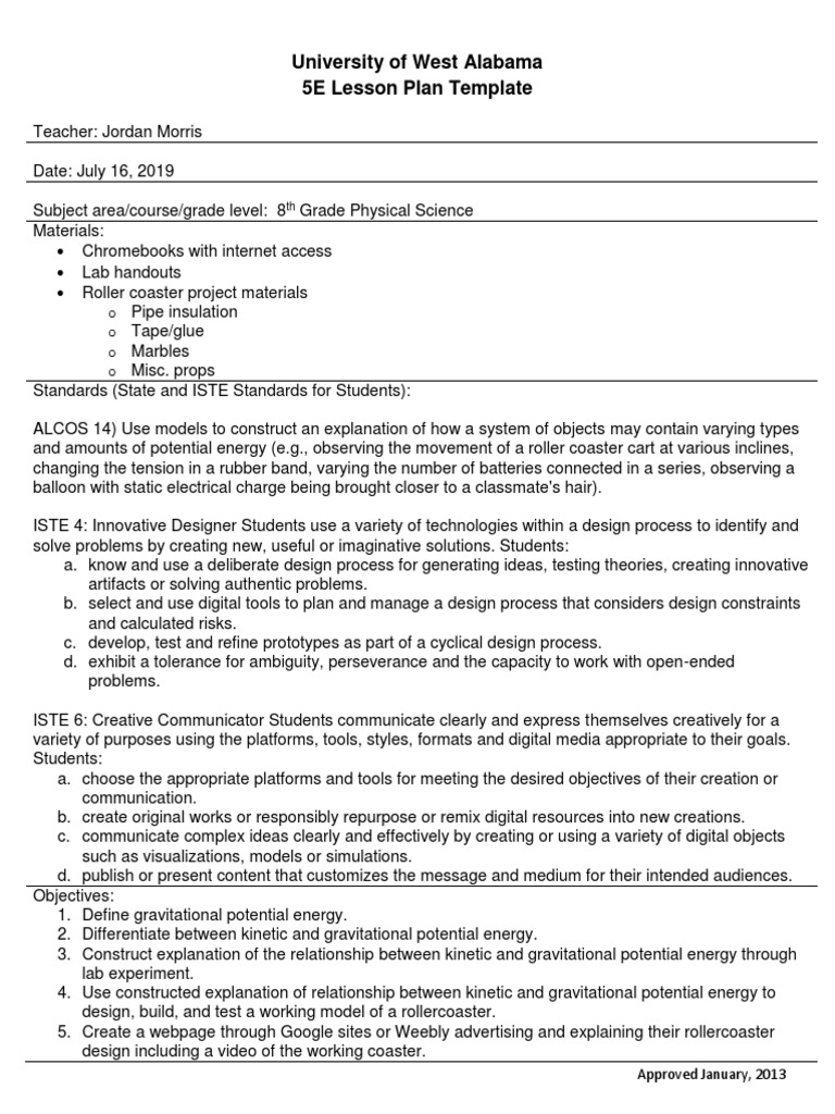 University of West Alabama 5E Lesson Plan Template: Approved January ...