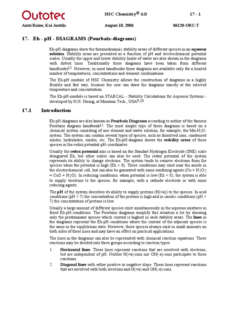 Eh - PH - DIAGRAMS (Pourbaix-Diagrams) : HSC Chemistry® 6.0 17 - 1 ...