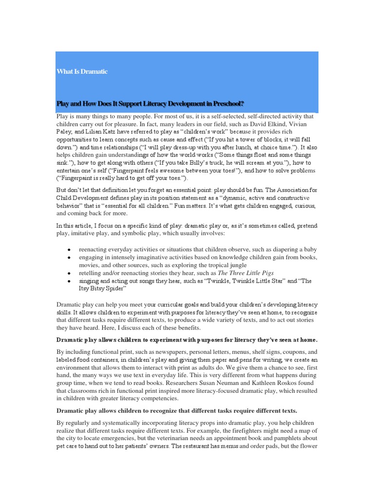 Dramatic Play Literacy | PDF | Literacy | Cognitive Science