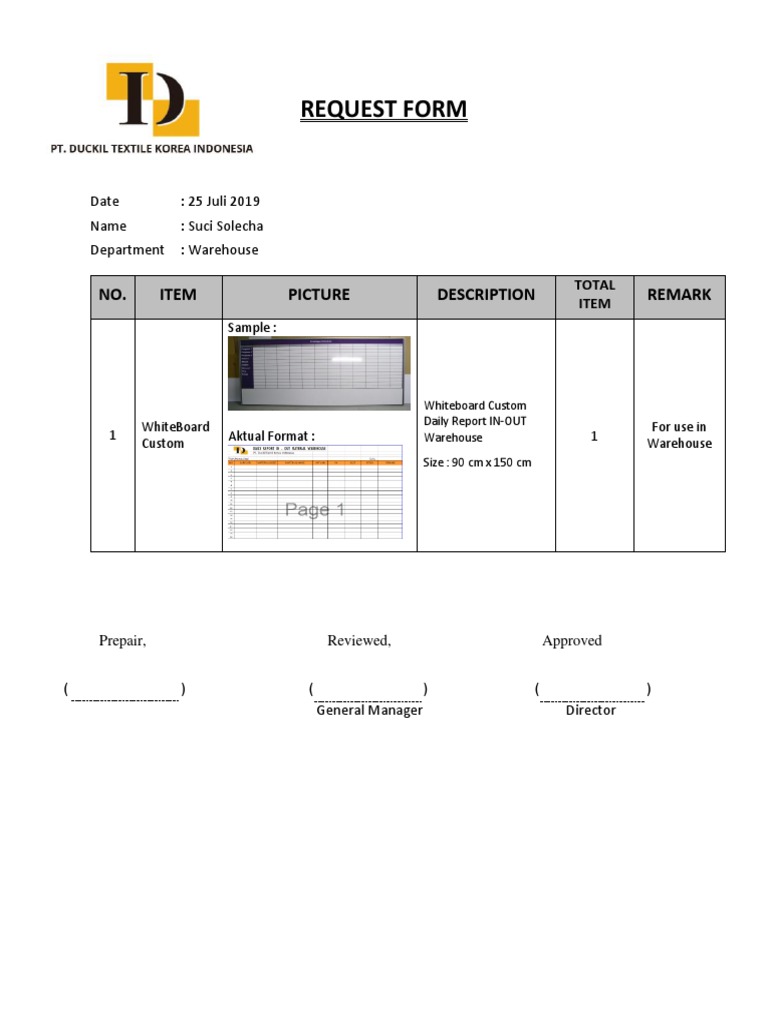 Request Form: NO. Item Picture Description Remark | PDF