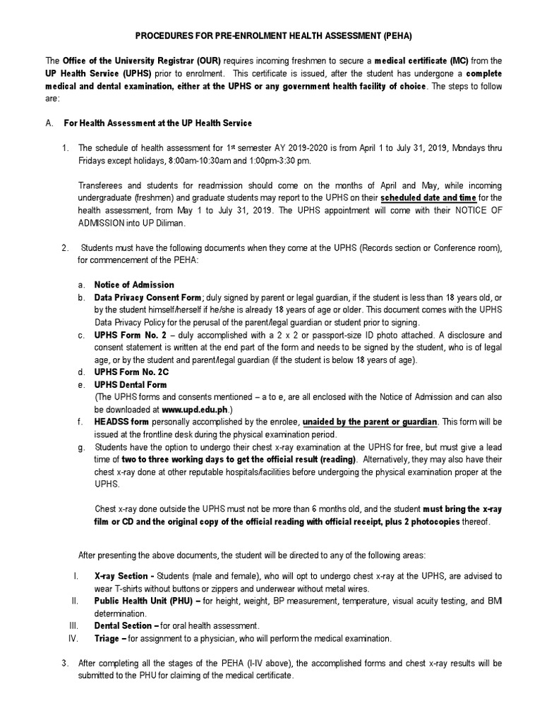 Pre-Enrolment Health Assessment Guide | PDF | Physical Examination | X Ray